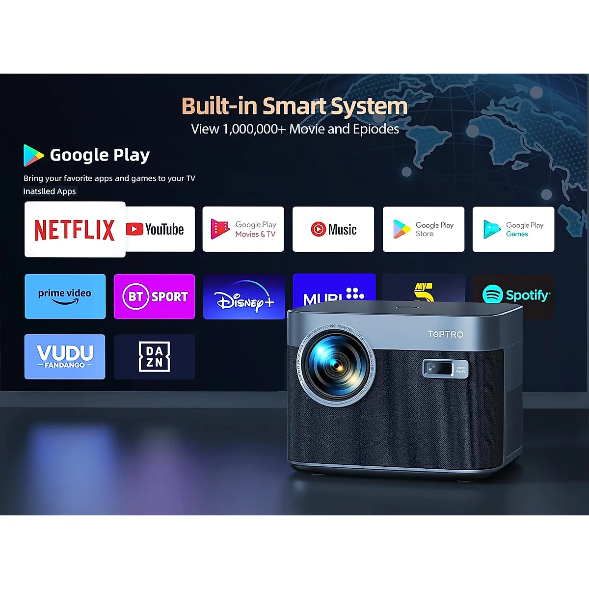 [Auto Focus/Keystone] TOPTRO X7 Android TV Projector with WiFi and Bluetooth, Smart Projector 4K Supported, 600 ANSI, Dust-proof, 50% Zoom, Outdoor Projector with Netflix/YouTube Built-in, 8000+ Apps