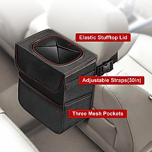 Simple Deluxe Car Trash Can with Lid and Storage Pockets, Leak-Proof Car Garbage Can with Adjustable Straps, Waterproof, Portable and Collapsible Trash Bag for Car, 2 Gallon, Black