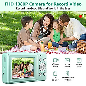 Digital Camera with SD Memory Card Autofocus Anti-Shake, 44MP 1080P Photography Camera for Kids Teens Birthday, 16X Zoom Small Portable Vlogging Camera for Boy Girl Video(2 Batteries)