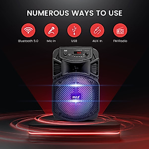 Pyle Portable Bluetooth PA Speaker System-300W Rechargeable Indoor/Outdoor Bluetooth Speaker Portable System w/ 8” Subwoofer 1” Tweeter, Microphone in, Party Lights, MP3/USB, Radio, Remote PPHP834B