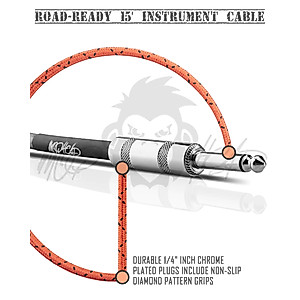 Mophead 15-Foot Guitar Instrument Cable - 1/4 Inch TS to 1/4 Inch TS Right Angle Pro Grade Double Insulated Tweed Braided for Electric Guitar, Bass, Amp, Keyboard (Red with Black Stripe)