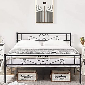VECELO Metal Platform Bed Frame Mattress Foundation with Vintage Headboard & Footboard, No Box Spring Needed, Easy Assembly, Queen, Black