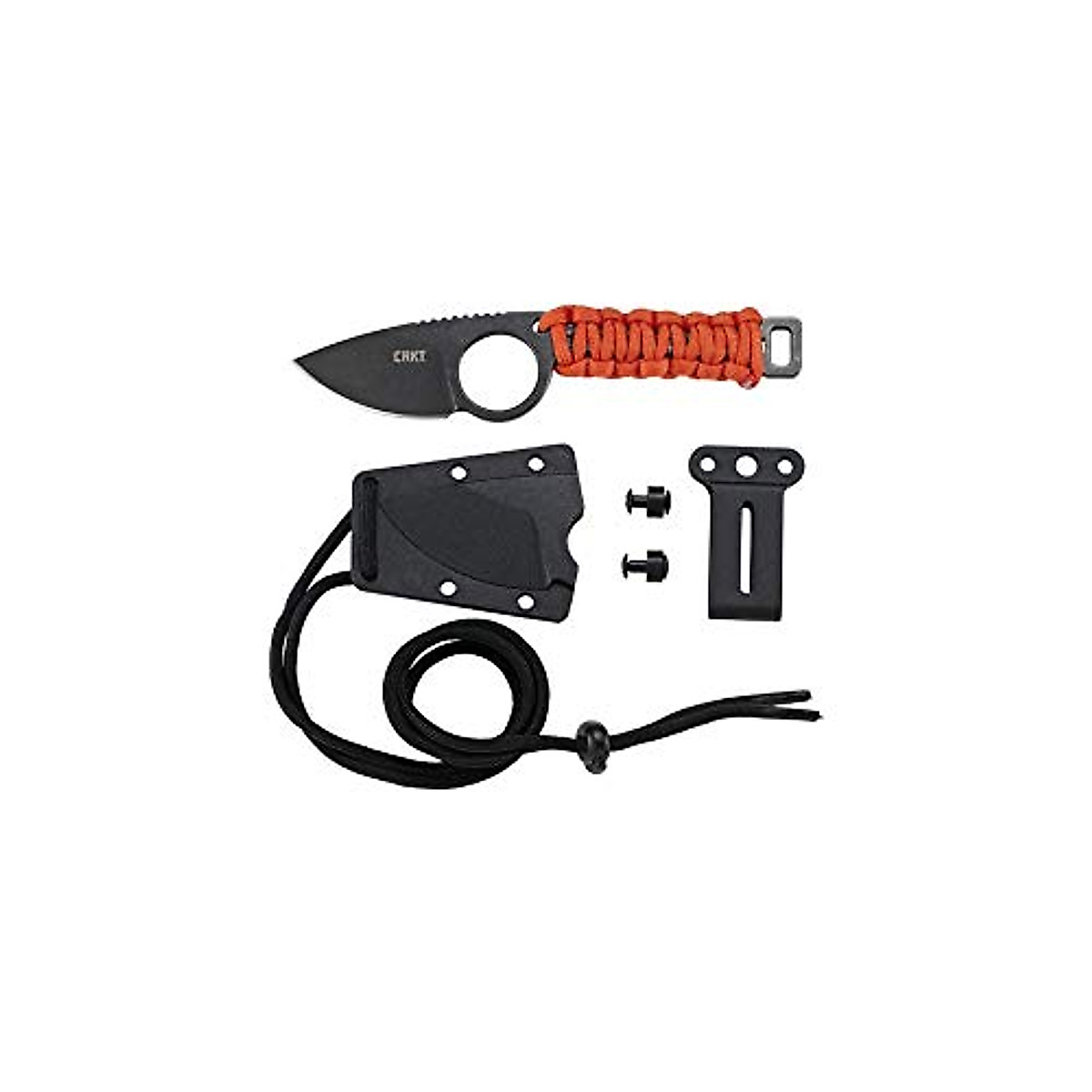 CRKT Tailbone EDC Knife: Everyday Carry Fixed Blade Drop Point Knife with Black Stonewash Finish, Orange Cord Wrapped Handle, Sheath 2415