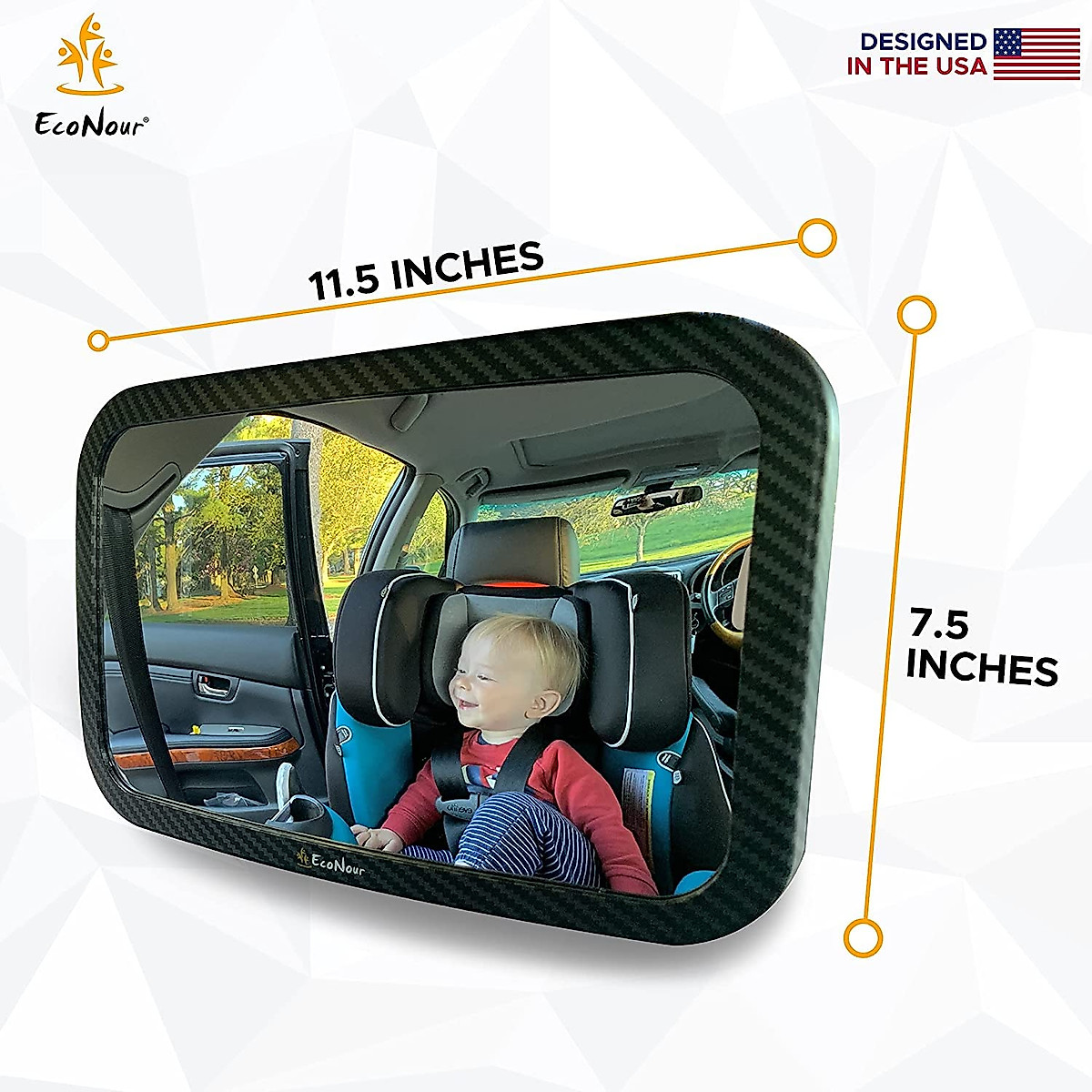 EcoNour Baby Car Mirror - 11.5 x 7.5 inches Safety Car Seat Mirror for Rear Facing Infant with 360 Degree Rotatable Shatterproof Baby Mirror for Car - Monitor Your Child using Car Baby Mirror