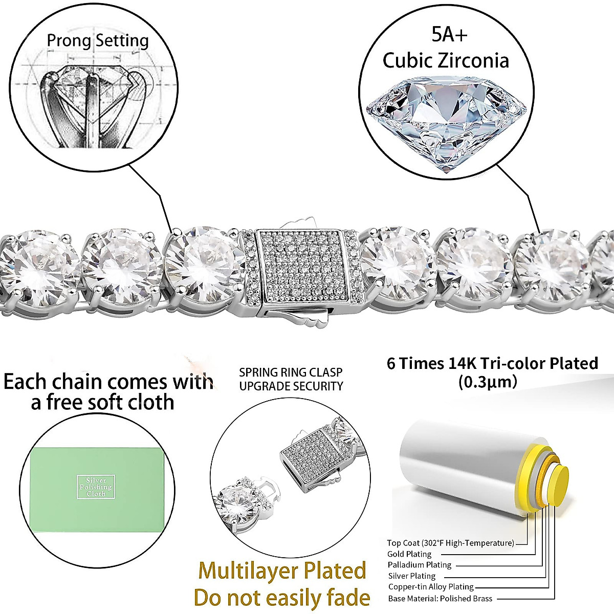 OYOGAA 1 Row 10MM 14K White Gold Plated Iced Out Chain Diamonds Mens Tennis Bracelet Spring buckle Bracelet For Men And Woman (White Gold, 8)