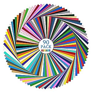 Huaxing Permanent Adhesive Vinyl Bundle, Premium Adhesive Vinyl with Matte, Glossy Vinyl Sheets (90 Pack, 12" x 12") and 10 Transfer Tape for Deco Sticker, Signs and Craft Cutters
