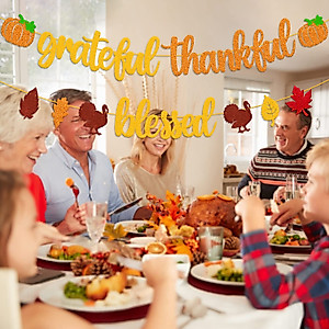 Grateful Thankful Blessed Banner Fall Autumn Leaves Turkey Thanksgiving Day Theme for Happy Thanksgiving Party Supplies Glitter Gold Decorations