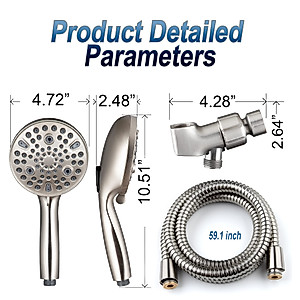 High Pressure Handheld Shower Head, 10-Setting Showerhead, 4.7”Detachable Showerhead Set with 5ft Hose, Adjustable Bracket and Built-in Power Wash to Clean Tub, Tile & Pets - Brush Nickel