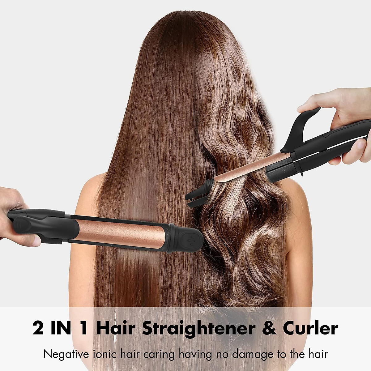 AmoVee Travel Curling Iron, 1.25 Inch Hair Straightener Curling Iron, 2 in 1 Flat Iron Ceramic Tourmaline, Dual Voltage Curling Iron, Adjustable Temp, Rose Gold