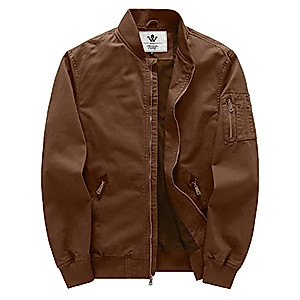 WenVen Men's Washed Cotton Bomber Jacket Active Track Windbreaker (Coffee, 3XL)