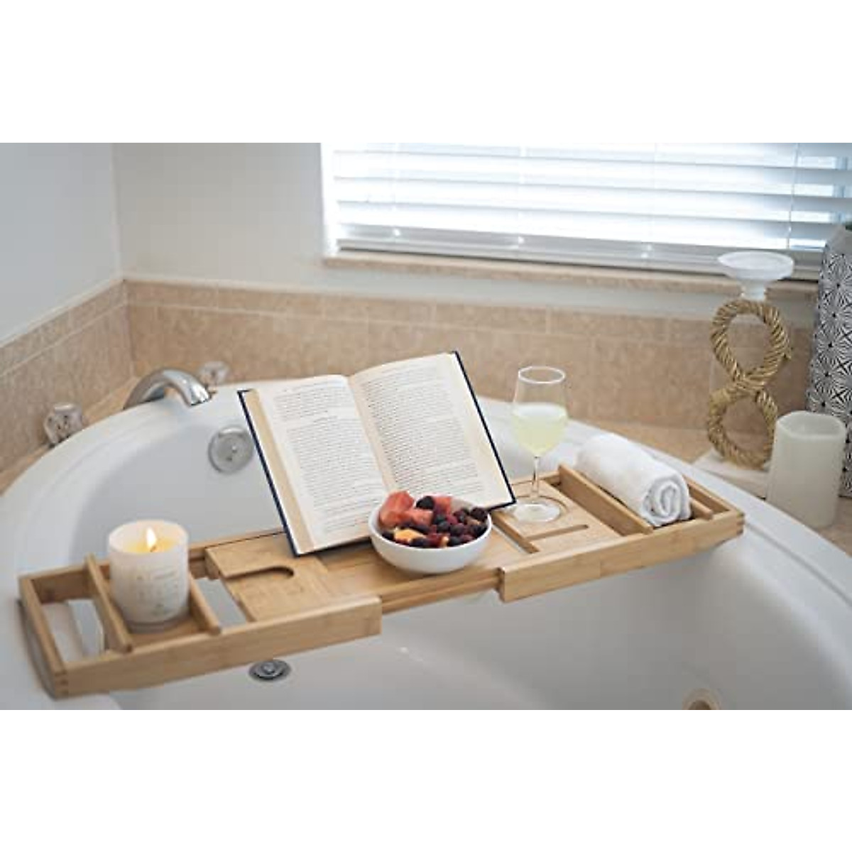 WilloCroft Bamboo Bathtub Tray – Expandable Bath Tray with Stand for Book & Tablet – Bathtub Caddy with Holder for Mobile & Wine Glass – Bath Tray with Leather Handles for Luxury Spa, Hotel & Home