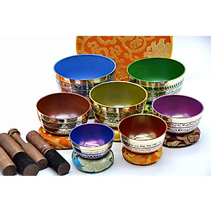 Chakra Healing Tibetan Singing Bowl Set~ Seven Chakra Color with Symbols ~Sizes from 2.5" to 5” for Meditation,Sound Healing, Sound Therapy & Mindfulness ~ Mallets, Cushions & Carrying Case included