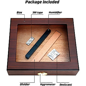Handmade Humidor up to 25 Corona-Size Cigars, Glass Top Cigar Humidor Box, 100% Spanish Cedar Wood, Luxury Desktop Humidor with Hygrometer and Humidifier, High Gloss Walnut Finish.