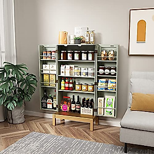 HOLTICO 45'' Kitchen Pantry Cabinet,Storage Cabinet with Doors and Adjustable Shelves,Food Pantry Cabinet for Kitchen,Dining Room,Living Room and Garage,Gold Lines and Legs,Green Cabinet.