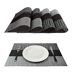 V-Shine Placemats for Dining Table Set of 4 Washable Woven Placemat Non-Slip Kitchen Waterproof Table Place Mats - Grey&Black