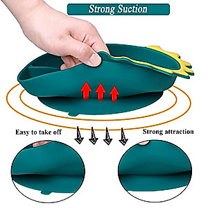 NICINGU Silicone Toddler Plates,Suction Plates for Baby with Spoon and Fork Set Kids Divided Grip Dish Self Feeding Training Baby Dinner Plate Microwave Dishwasher Safe-Blue Dinosaurs