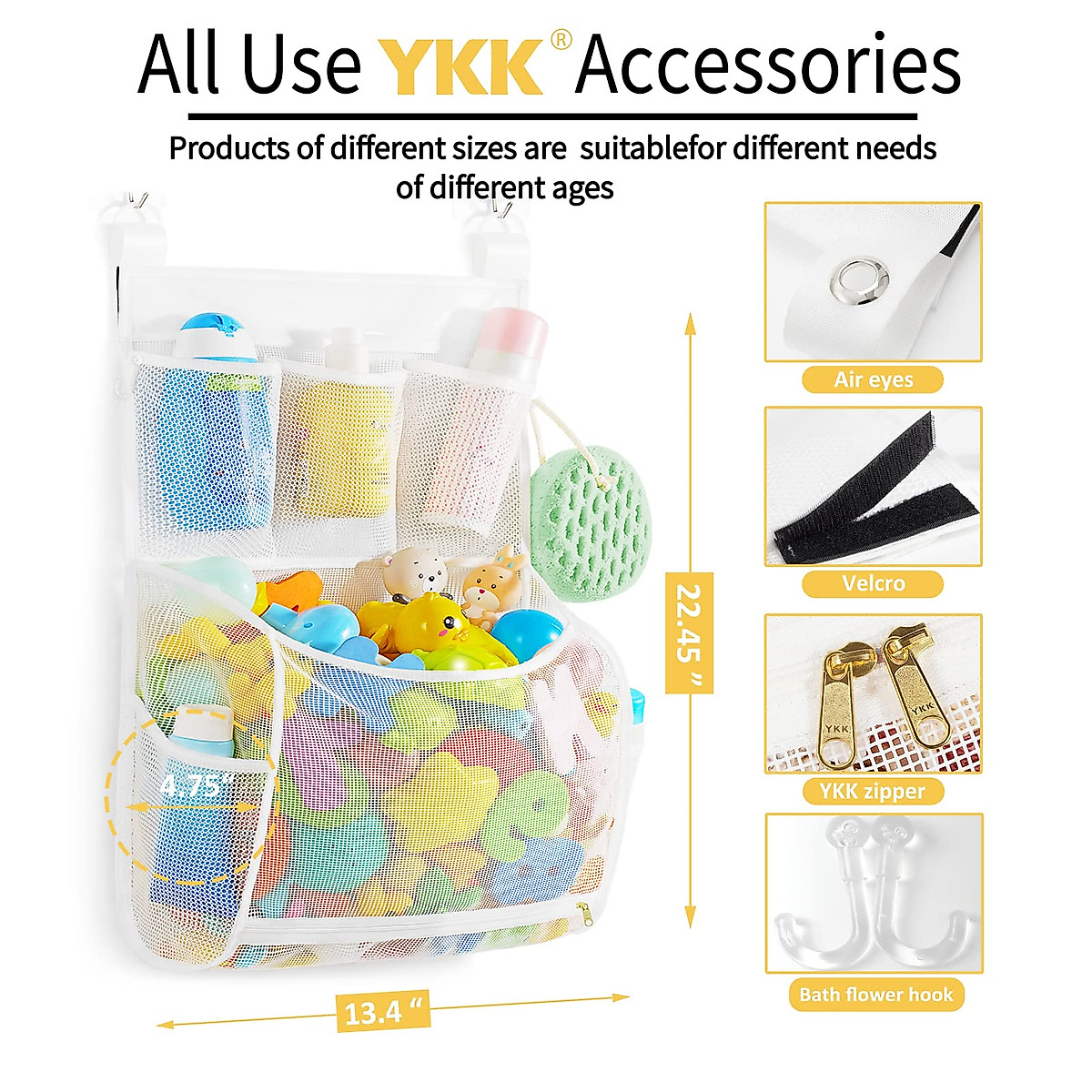 Ligereza Baby Mesh Bath Toy Organizer，Multiple Ways to Hang, Ultra Large Capacity & Large Opening, Bathroom Toy Holder, Bath Toy Storage Bag With 5 Side Pockets (Large White)