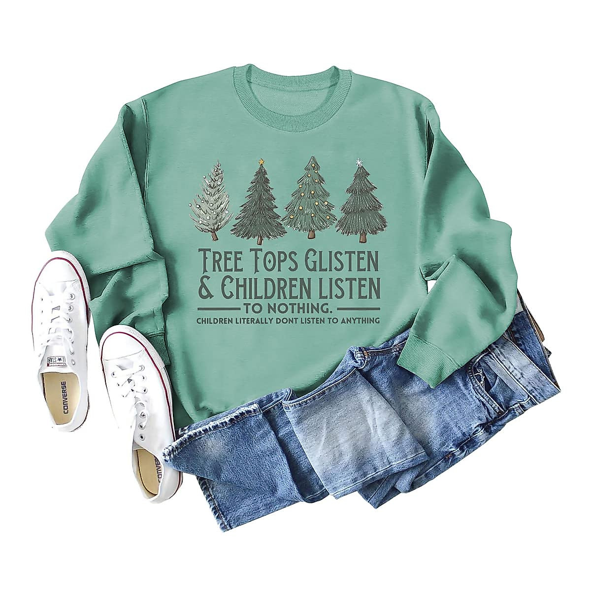 MLZHAN Tree Tops Glisten and Children Listen to Nothing Sweatshirts Women Christmas Trees Print Long Sleeve Pullover (Light Green,M,Medium)