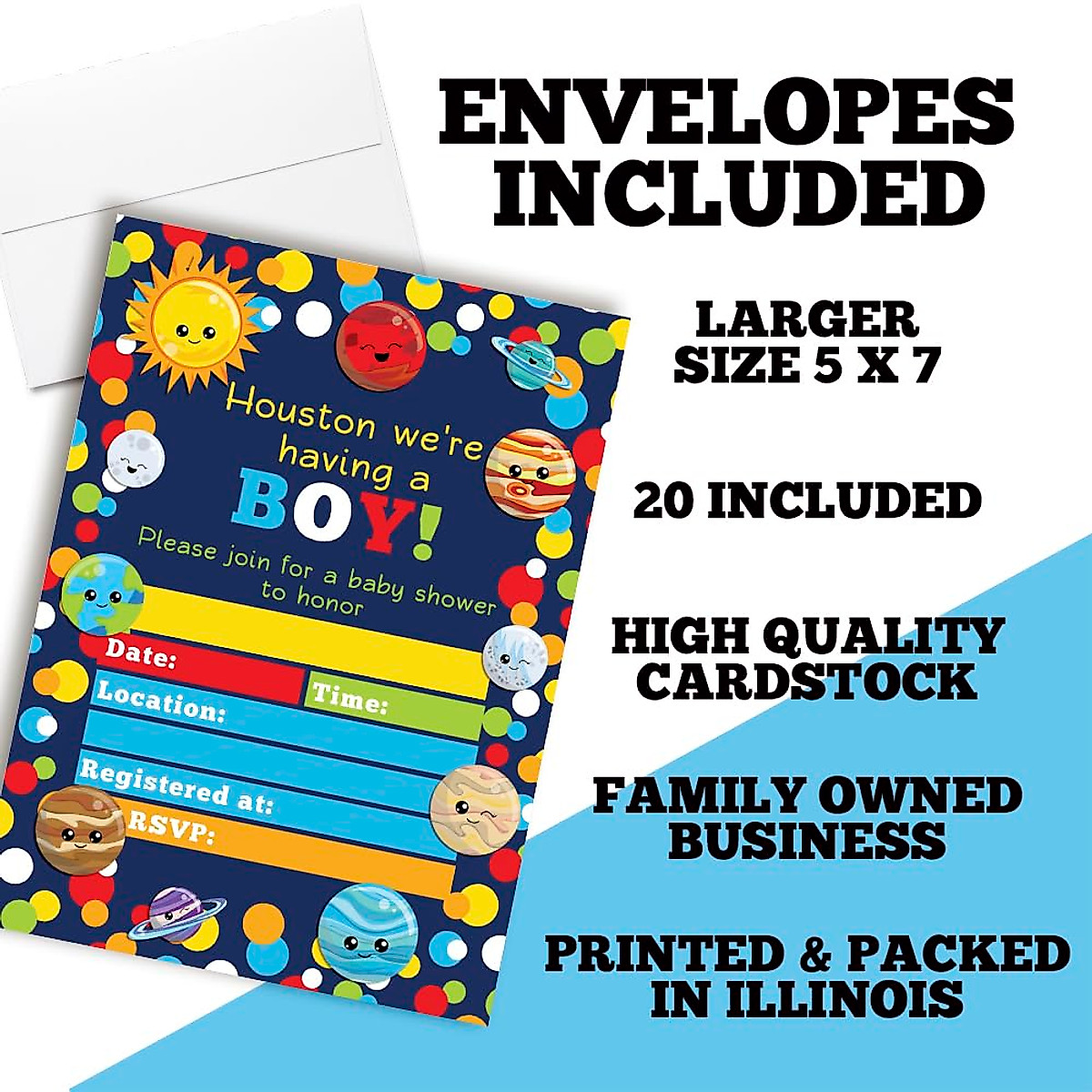 Outer Space Planets Themed Baby Sprinkle Baby Shower Invitations for Boys, 20 5x7 Fill In Cards with Twenty White Envelopes by AmandaCreation