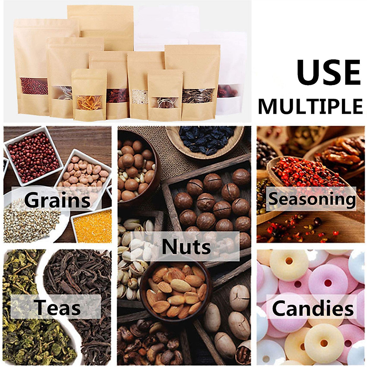 100pcs Kraft Bags with Window Zipper Lock Stand Up Bulk Pouches Resealable 4.7×7.8in