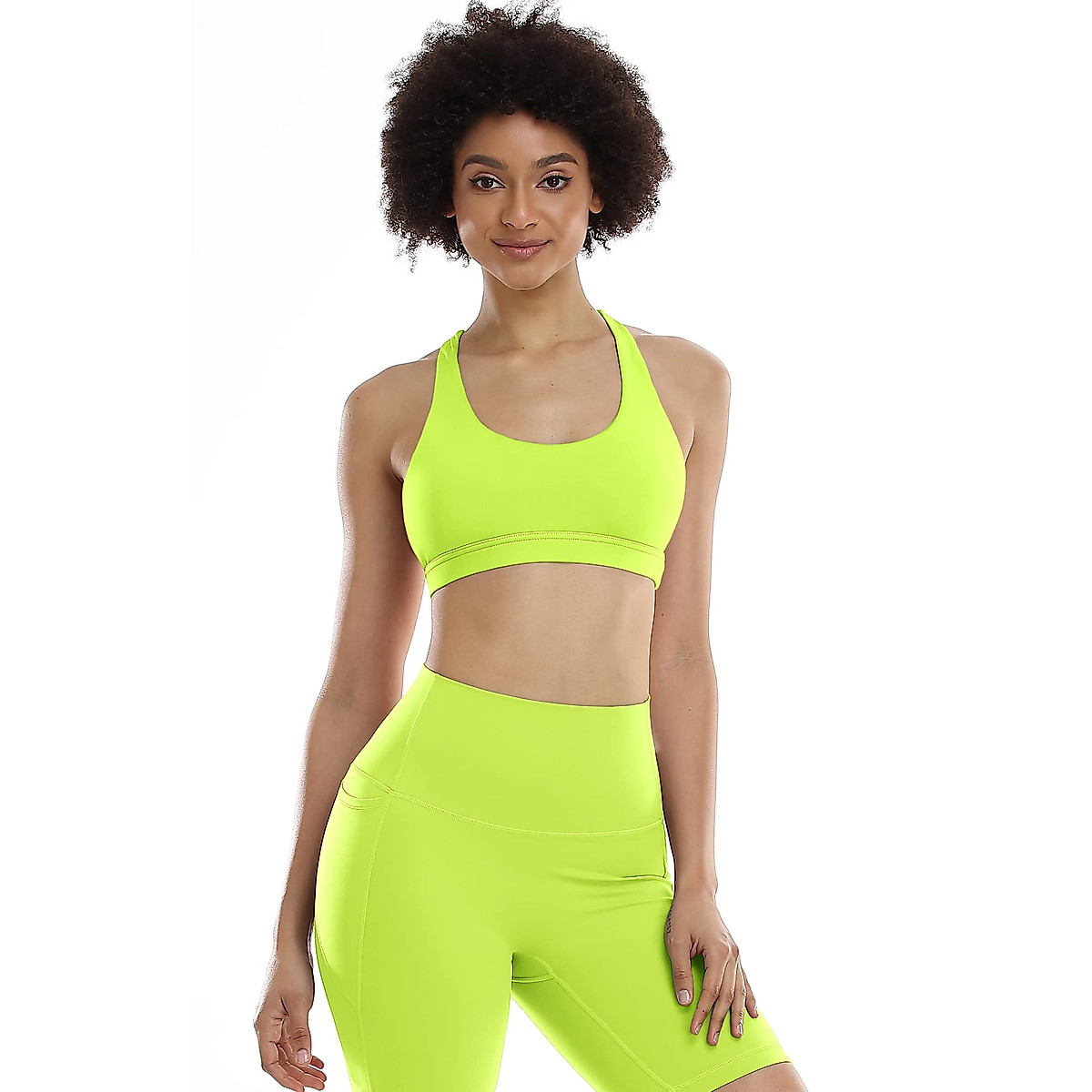 icyzone Padded Strappy Sports Bra Yoga Tops Activewear Workout Clothes for Women (M, Neon Yellow)