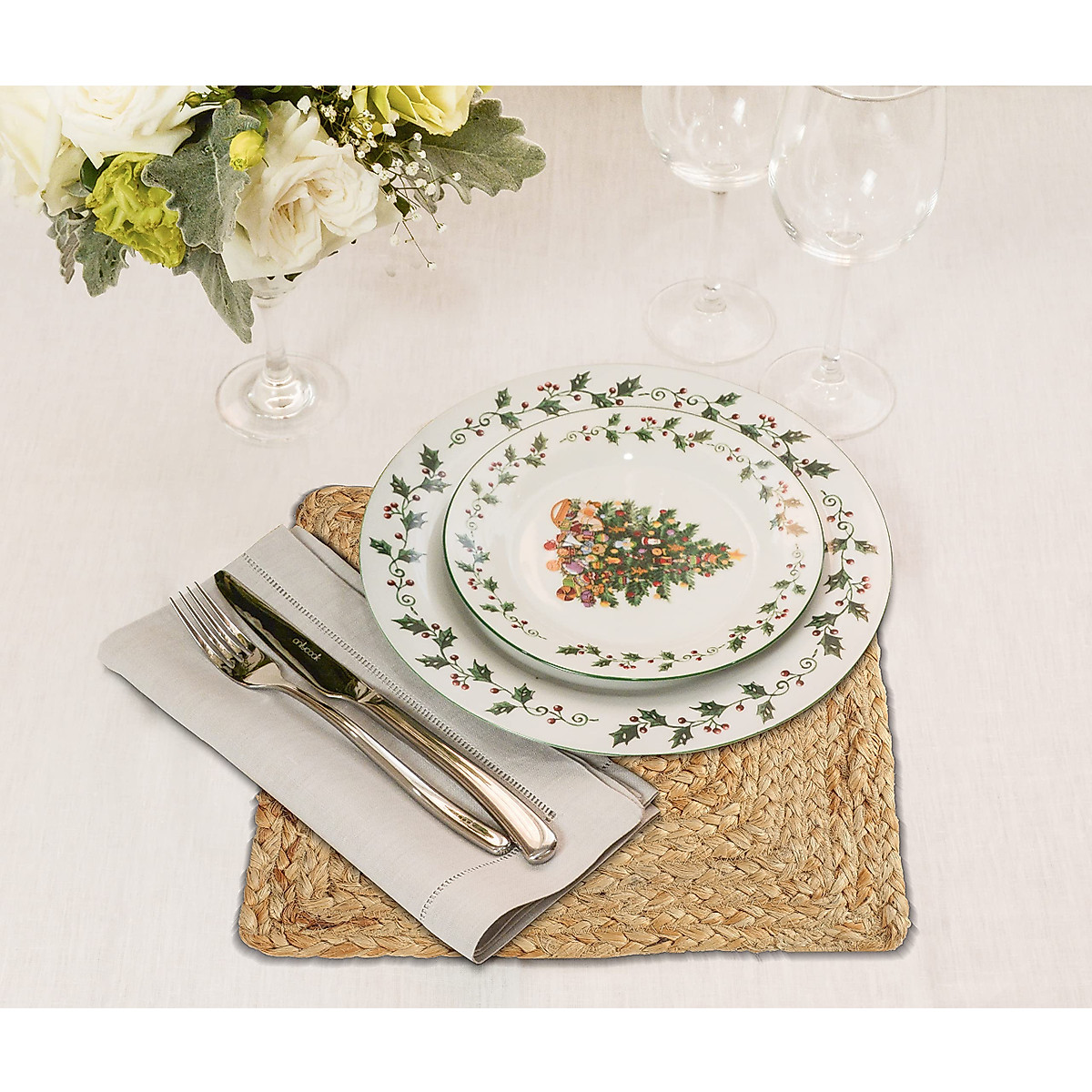 Natural Jute Placemat Set of 4 - Square 13 Inch Decorative Reversible Braided Hand Woven Charger for Dinner Table Décor Farmhouse Christmas Wedding Family Gathering Party and Everyday Use