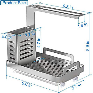 BeBeHome Sink Caddy Organizer, Sponge Holder for Sink Soap Brush Dispenser Holder with Rag Rack Suction Cup Dishcloth Holder with Drain Pan Stainless Steel Silver 9.5X4.5X8.9 in