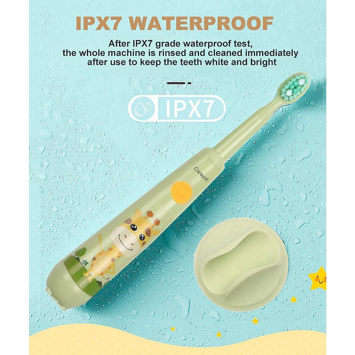 Carepik Kids Electric Toothbrush Set, Sonic Rechargeable Powered Toothbrush, Extra Soft Bristles, 2 Brush Replacement Heads, Cute Animal Cover, 3 Modes, Fun & Easy Cleaning for Age 3+ (Green)