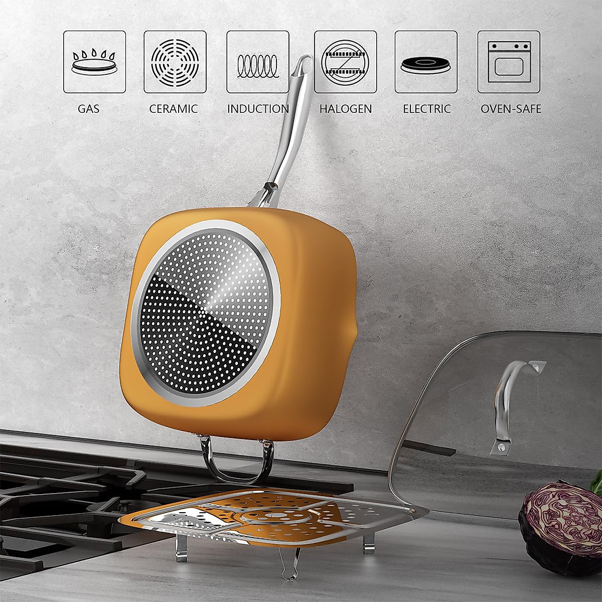 FeLamp 11" Nonstick Copper Griddle Pan for Stovetops, Square Flat Pan with Stainless Steel Handle, Induction Copper Grill Pan, Oven/Dishwasher Safe, 100% PFOA Free