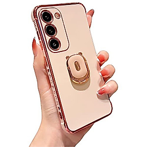 Samsung Galaxy S23 Case with Cute Bear Stand Ring Holder Full Camera Lens Protection Cover, Soft TPU Luxury Heart Plating Cases 360 Degree Rotate Kickstand Phone Case for Galaxy S23 6.1" 2023 (Pink)