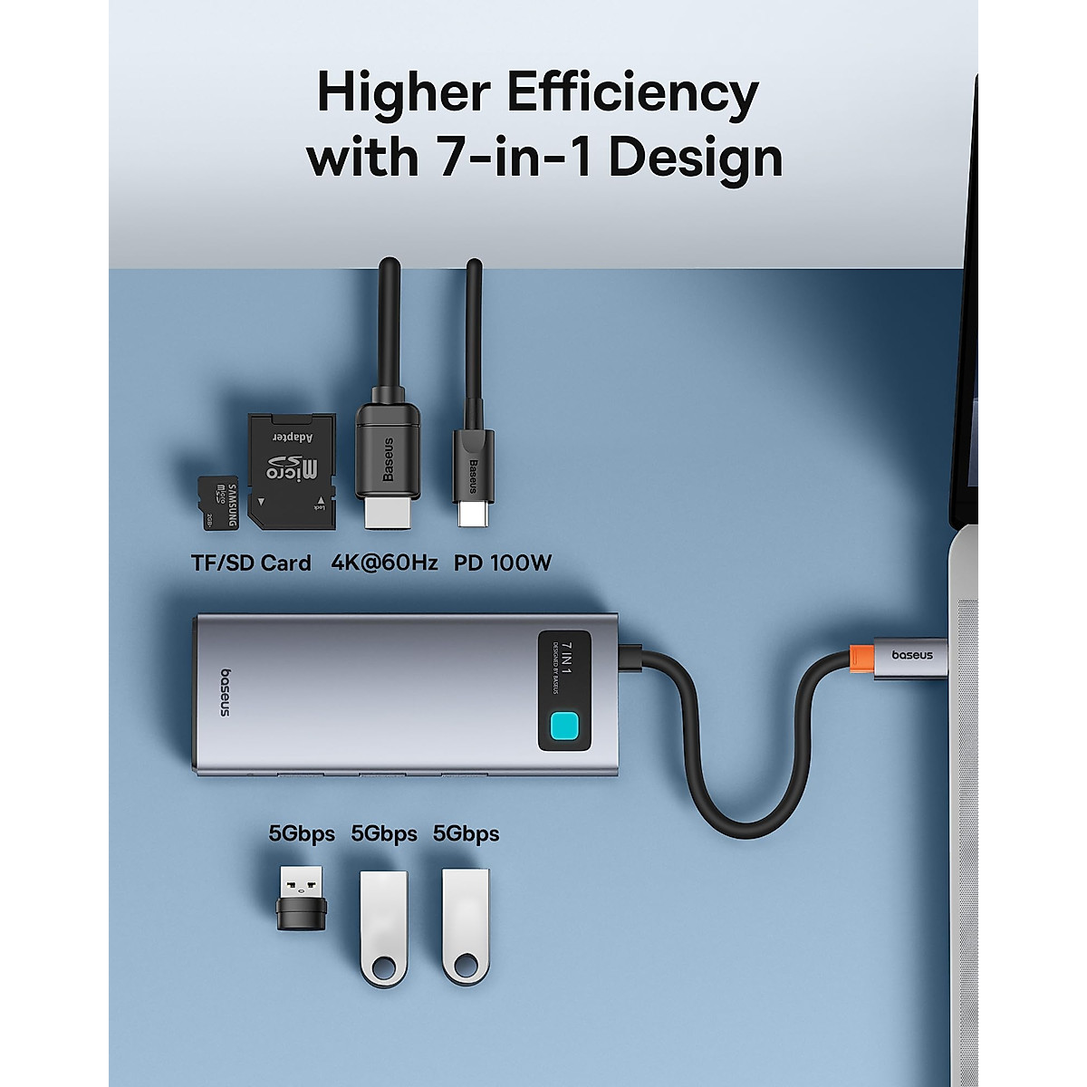 Baseus USB C to HDMI Adapter, 4K@60Hz USB C Docking Station, 7 in 1 USB C Hub with 3 USB-A, PD 100W, TF/SD Card Reader, USB C Dock Compatible for iPhone 15/Mac/Dell/Acer/HP/ASUS/Steam Deck/Rog Ally