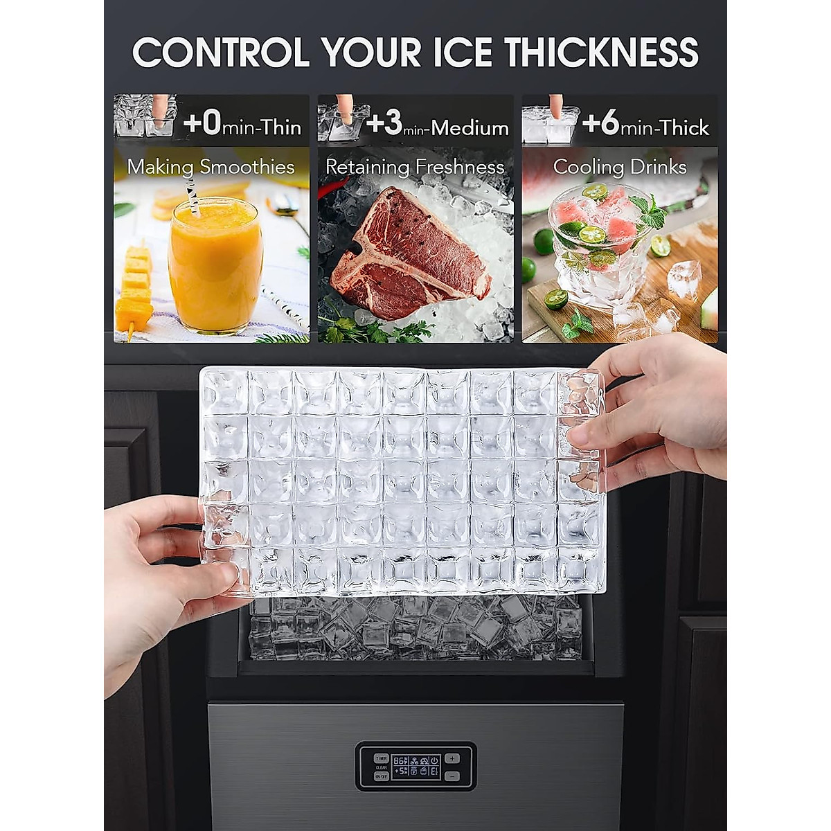 Joy Pebble Commercial Ice Machine,100 lbs/Day, Under-Counter Commercial Ice Maker with 24 Hour Timer,Ice Thickness Control,One Quick Self-Cleaning Function for Bar/Cafes/Home,Stainless Steel
