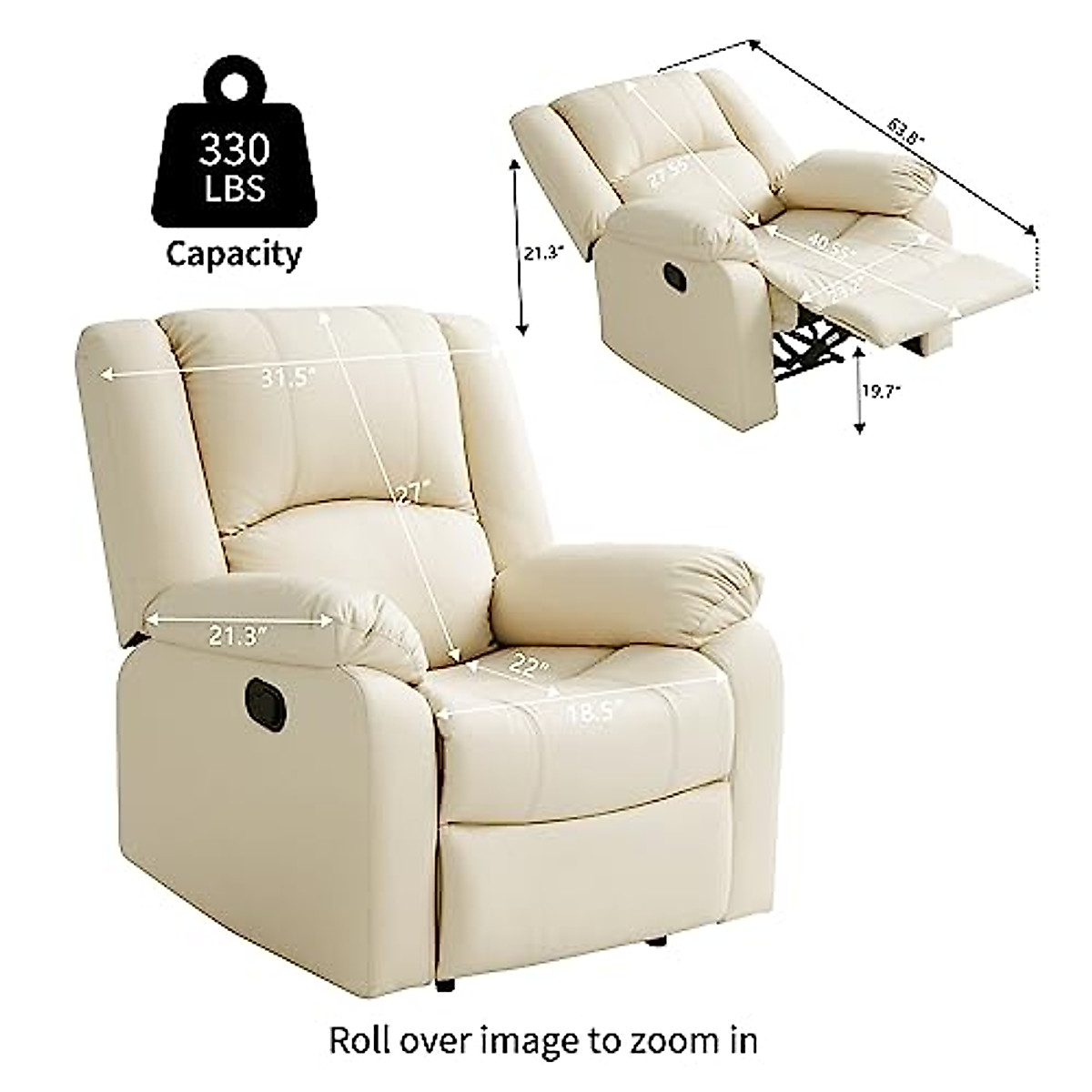 YuuYee Recliner Chair, Manual Recliners, Leather Reclining Chairs for Living Room with Overstuffed Arm and Back, Soft Armchair for Bedroom, Home Theater Lounge Seat, Beige