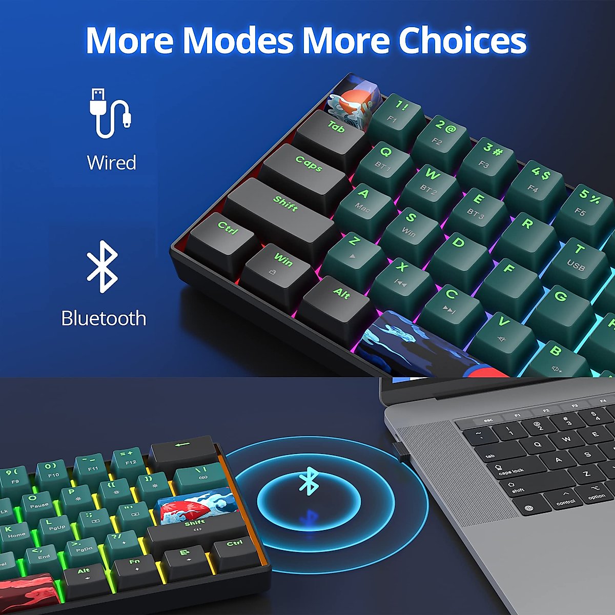 surmen GT61 Wireless 60% Keyboard, Mini RGB Mechanical Gaming Keyboard 60 Percent Hot-Swappable with Linear Gateron Switch Type-C/Bluetooth 5.0 Programmable (Gateron Yellow, Sound Wave 61)