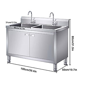 2 Compartment Commercial/Industrial Sink,Free Standing Kitchen Stainless Steel Sink Cabinet,Laundry Sink With Cabinet, Stainless Steel Utility Sinks(100cm/39.4in double slot)