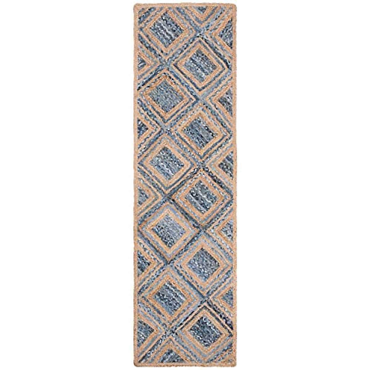 SAFAVIEH Cape Cod Collection 2'3" x 10' Natural / Blue CAP354A Handmade Flatweave Diamond Braided Jute & Denim Runner Rug