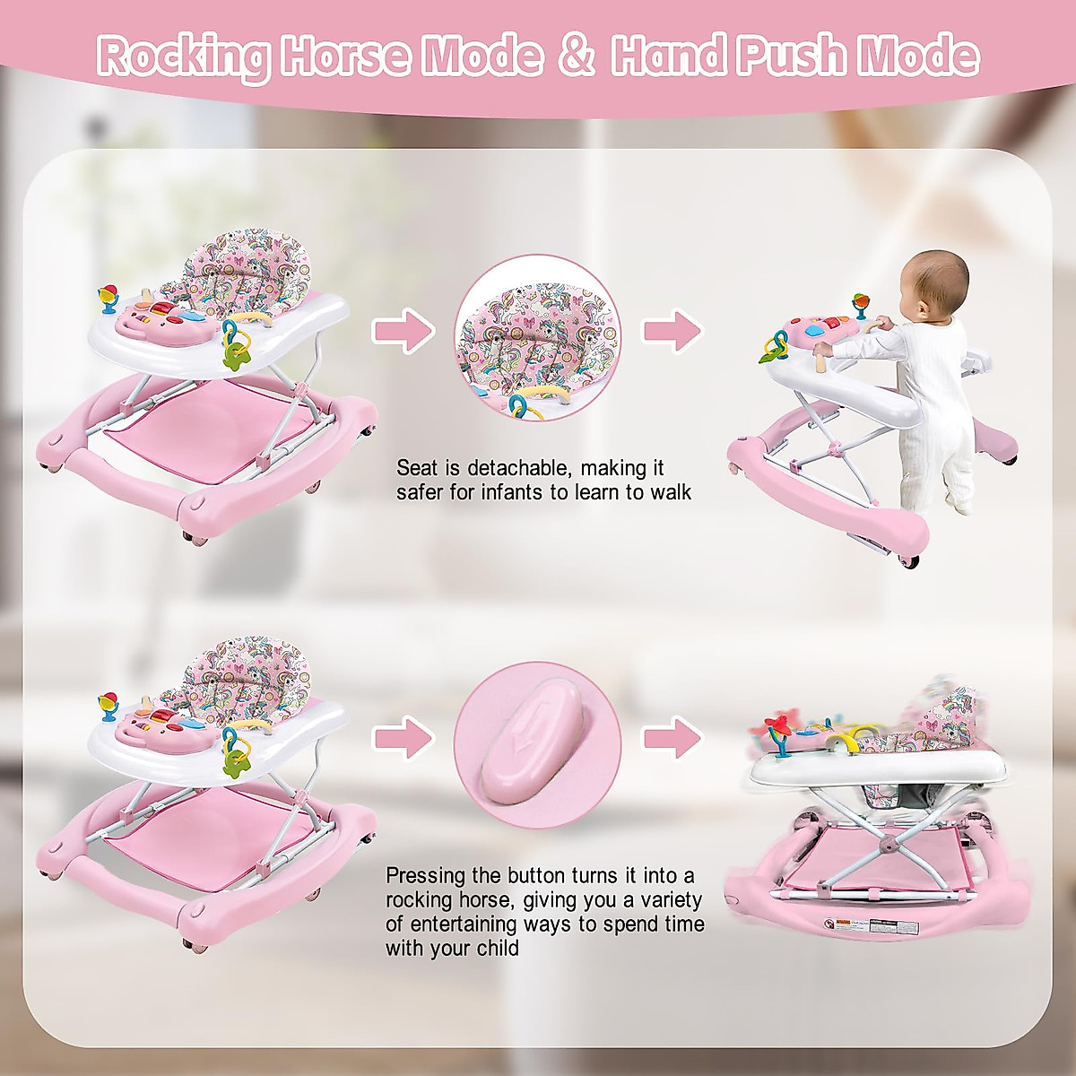 5 in 1 Foldable Baby Walker, Activity Baby Walker-Baby Bouncer, Rocker, Activity Center,Seat and Push Walker,Detachable Trampoline Mat, Adjustable Speed Rear Wheels and Height,Ages 6-18 Months(Pink)