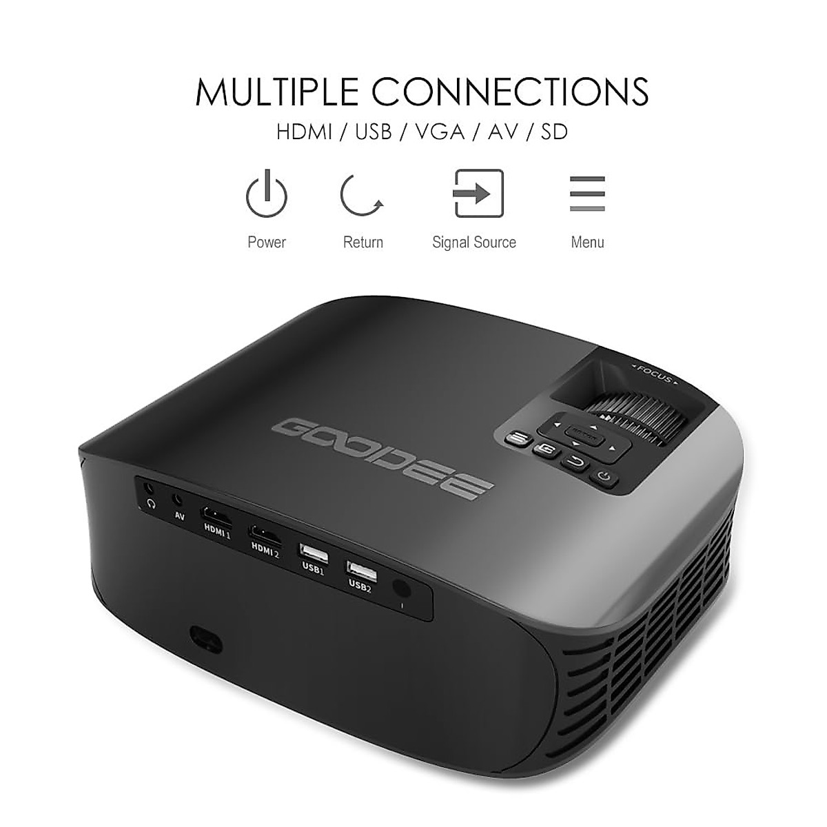 Projector, GooDee 2023 Dolby Native 1080P Video Projector, 9500L Outdoor Movie Projector, 230" Supported Home Projector, Compatible with Fire TV Stick, PS4, HDMI, VGA, AV and USB, Black (YG600)