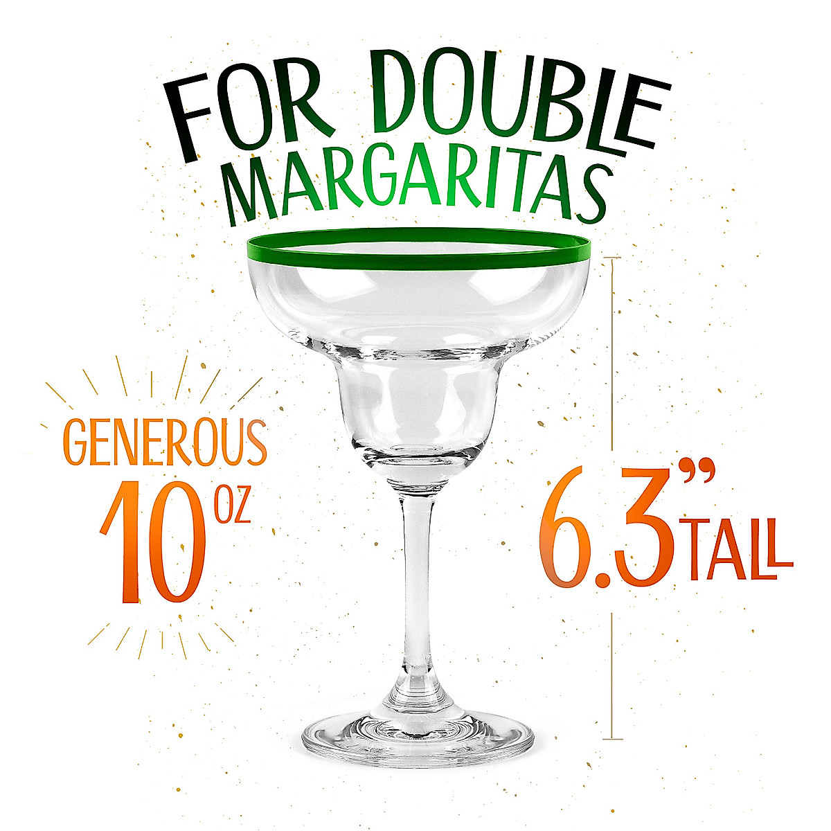 10 oz Margarita Cocktail Glasses + Colorful Party Rims | Set of 4 | Classic Frozen Drinks Stemware + Fun Cactus Gift Box | Thick Stem, Heavy Duty, Clear Hand Blown Glassware Drinking Set