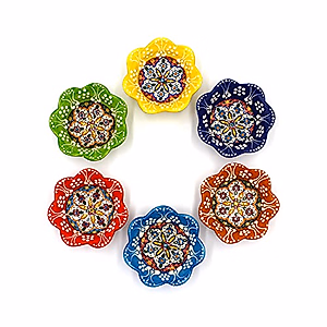 Silver Craft 6 Pcs Daisy Shaped Hand Painted Decorative Serving Turkish Tiny Bowls - Handmade Ceramic Bowl - Set of 6 (3.7 inc/9.5cm) 2.5 Oz Pinch Multicolor Small Serving Bowls - Best Gift Set