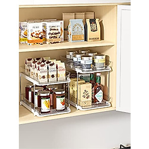 2 Tier Cabinet Organizers and Storage, 2 Pack Slide-Out Stackable Pantry Organization and Storage with Movable Dividers, Multi-Purpose Bathroom Organizer, Kitchen Organization and Storage, Countertop Vanity Medicine Organizer
