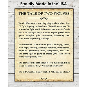 Motivational Wall Art Office Decor for Men & Women: "The Tale of Two Wolves" Literary 8x10 Inspirational, Motivational Poster & Positive Affirmations Wall Decor for Kids