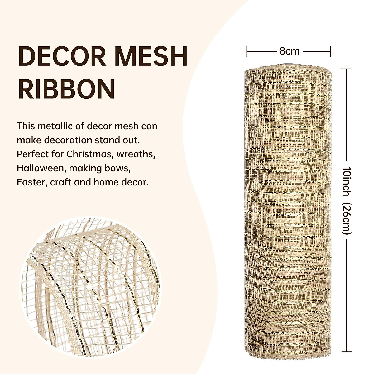 YAMA Deco Mesh Ribbon with Metallic Foil, 10 inch x 30 feet, for Christmas, Wreath, DIY Crafts and Home Decoration, Tan