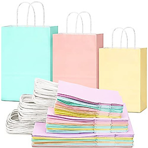 54 Pcs Gift Bags Various Size Bulk, 6 Colors Party Favor Paper Bags with Handles, Rainbow Kraft Paper Bag for Wedding, Birthday, Party Supplies, Baby Shower, Crafts and Shopping (Pastel)