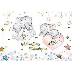 He or She Elephant Gender Reveal Backdrop Soft Cloud and Stars What Will Our Baby Be Boy or Girl Baby Shower Background Decoration Banner 200x150cm W-8192