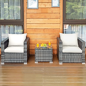 Toolsempire 3 Pieces Patio Furniture Set Outdoor Rattan Wicker Conversation Set with Water-Resistant Cushion & Tempered Glass Tabletop, Outdoor Sectional Furniture for Porch, Balcony, Backyard(Beige)