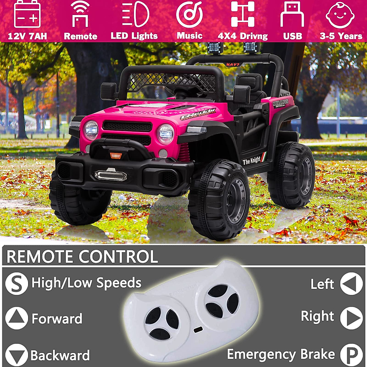 Kids Ride On Car with Parent Remote Control 4x4 Ride On Truck Car Kids Electric Vehicles 12V Ride on Toys for Boys Girls Power Vehicles Wheels, Single Seat, Storage Box, Rose Pink