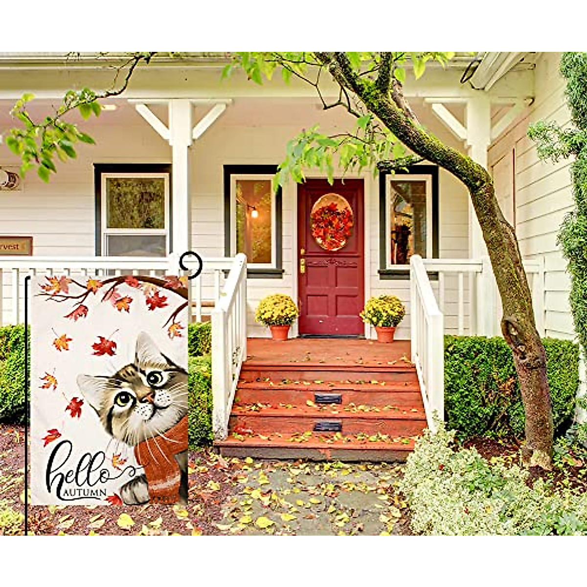 Fall Cat Garden Flag 12x18 Vertical Double Sided Hello Autumn Maple Leaves Thanksgiving Outside Decorations Burlap Yard Flag BW197