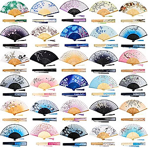 30 Pcs Floral Hand Fan Chinese Vintage Style Folding Fan Silk Handheld Fan Foldable Bamboo Framed Foldable Fan Fabric Silk Fans with Elegant Tassel Decorative Folding Fans for Women Wedding Party