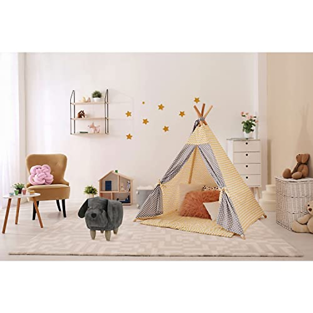 Critter Sitters 14-In. Seat Height Faux-Suede Dark Gray Dog Animal Shape Small Ottoman, Kids Furniture for Nursery, Bedroom, Playroom, and Living Room Decor, Multifunctional Cushioned Step Stool